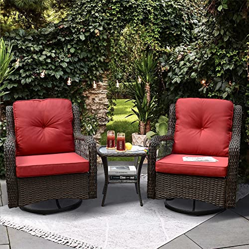 Outdoor Bistro Set 3 Pieces, Outdoor Resin Wicker Swivel Rocker Patio Chair, 360-Degree Swivel Rocking Chairs and Tempered Glass Top Side Coffee Table, Outdoor Rattan Conversation Sets (Red)