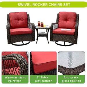 Outdoor Bistro Set 3 Pieces, Outdoor Resin Wicker Swivel Rocker Patio Chair, 360-Degree Swivel Rocking Chairs and Tempered Glass Top Side Coffee Table, Outdoor Rattan Conversation Sets (Red)