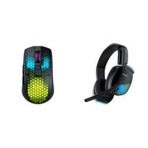 roccat burst pro air lightweight symmetrical optical wireless rgb gaming mouse, black & syn pro air wireless pc gaming headset, lightweight, 3d audio surround sound, black