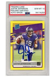 justin jefferson 2020 panini donruss rated rookie press proof yellow autograph card #313 psa/dna 10