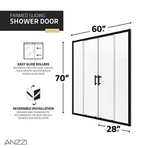 ANZZI 70-in. x 60-in. Framed Double Sliding Shower Door, Resistance Free Hinges for Smooth Opening and Closing, Clear Tempered Glass in Matte Black Finish (SD-AZ15-01MB)