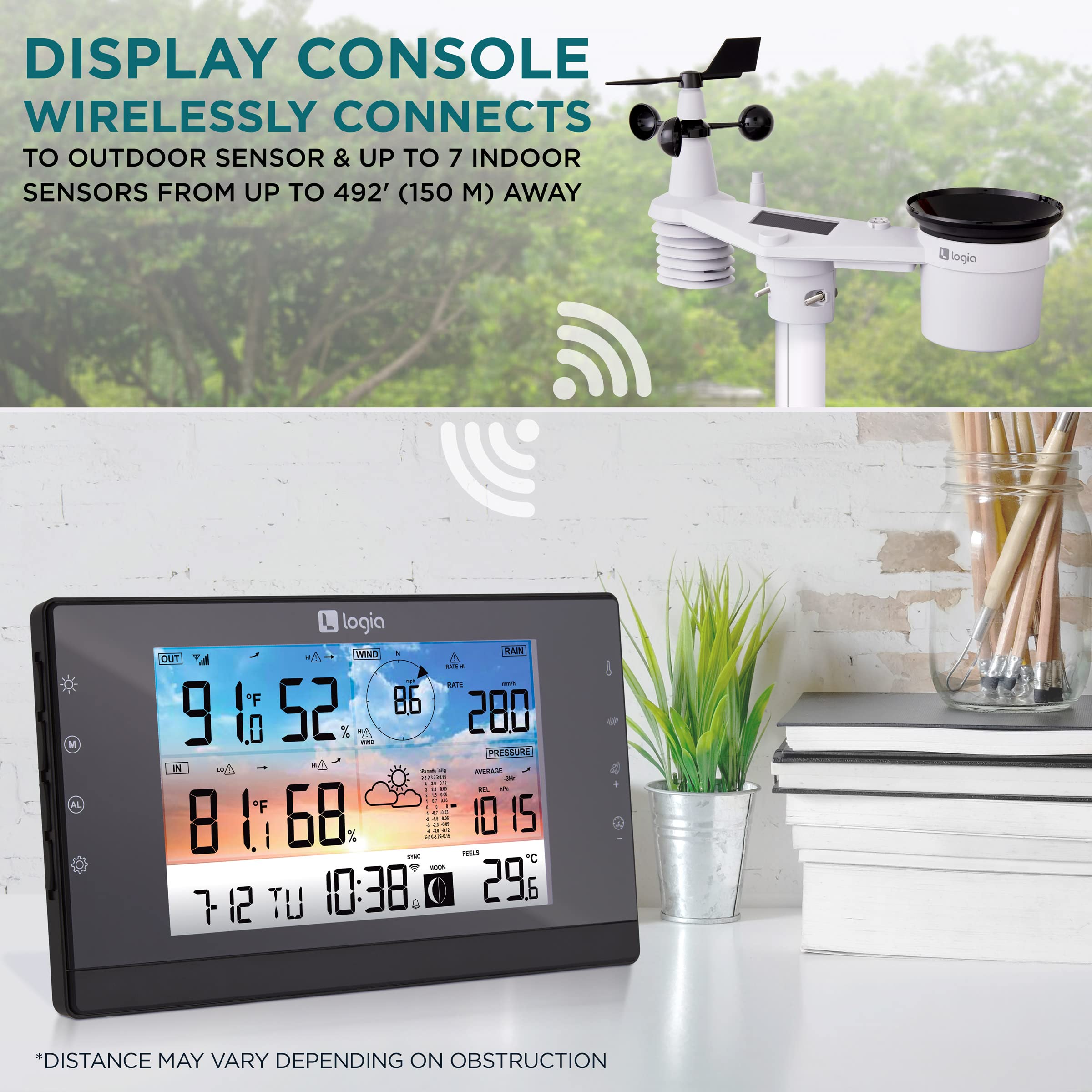 Logia 5-in-1 Wi-Fi Wireless Weather Station with Solar | Indoor/Outdoor Remote Monitoring System,Temperature, Humidity, Wind Speed/Direction, Rain & More, Wireless Console w/Forecast Data, Alerts