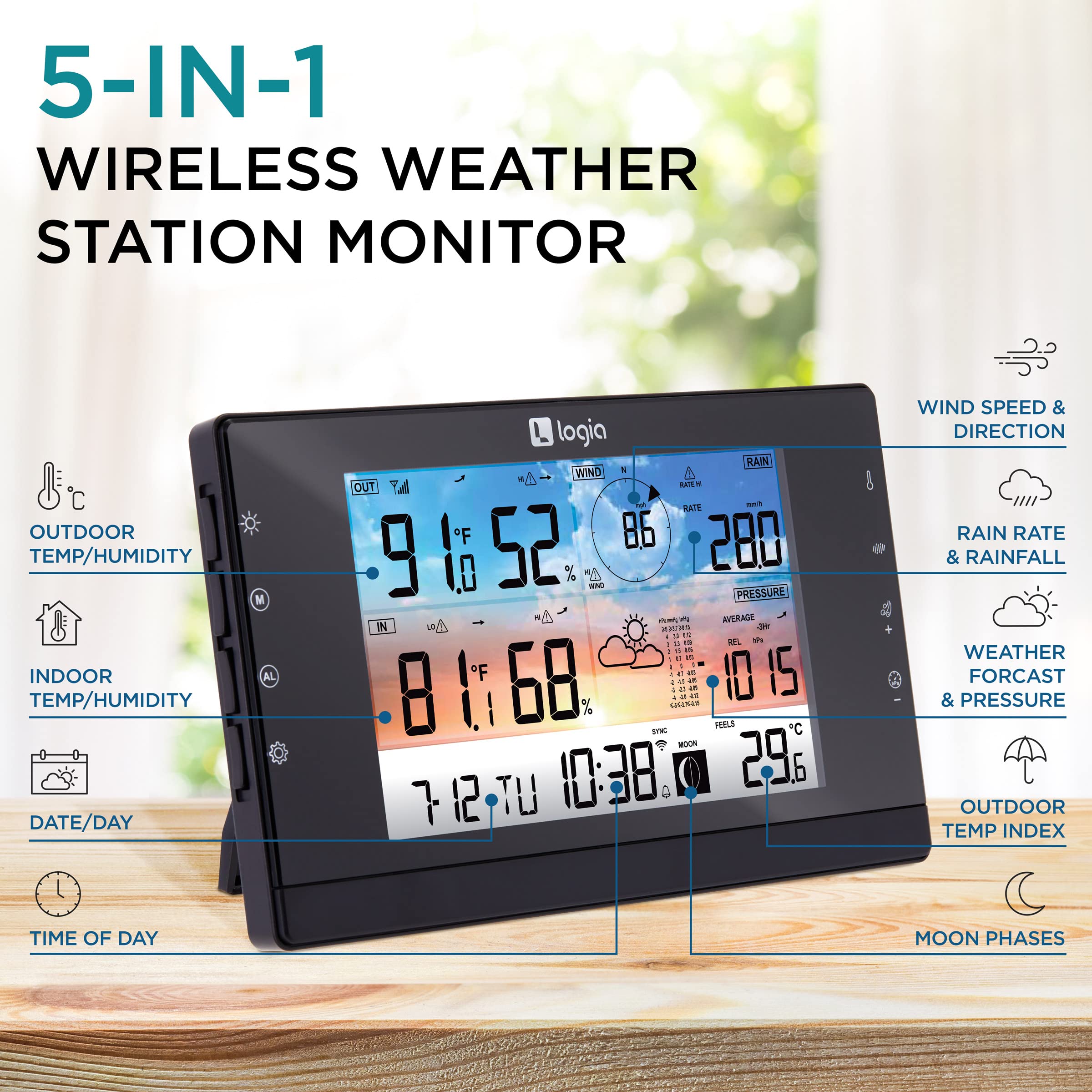 Logia 5-in-1 Wi-Fi Wireless Weather Station with Solar | Indoor/Outdoor Remote Monitoring System,Temperature, Humidity, Wind Speed/Direction, Rain & More, Wireless Console w/Forecast Data, Alerts