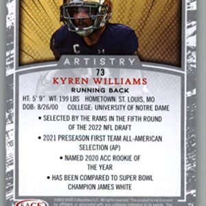 2022 SAGE Artistry Silver #73 Kyren Williams Notre Dame Fighting Irish RC Rookie Football Trading Card