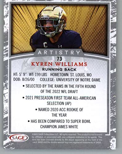 2022 SAGE Artistry Silver #73 Kyren Williams Notre Dame Fighting Irish RC Rookie Football Trading Card