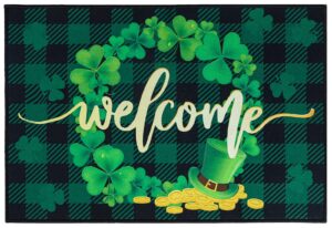 whaline st. patrick's day doormat lucky shamrock welcome floor mat green black buffalo plaids felt front door rug for irish holiday spring indoor outdoor kitchen bedroom, 23.6 x 15.7 inch