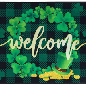 Whaline St. Patrick's Day Doormat Lucky Shamrock Welcome Floor Mat Green Black Buffalo Plaids Felt Front Door Rug for Irish Holiday Spring Indoor Outdoor Kitchen Bedroom, 23.6 x 15.7 Inch