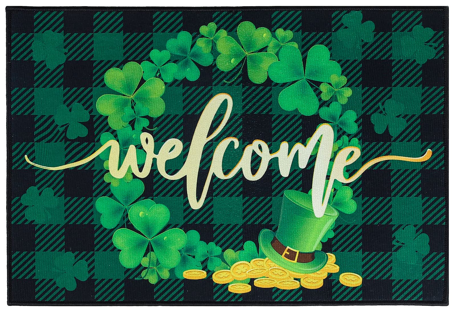 Whaline St. Patrick's Day Doormat Lucky Shamrock Welcome Floor Mat Green Black Buffalo Plaids Felt Front Door Rug for Irish Holiday Spring Indoor Outdoor Kitchen Bedroom, 23.6 x 15.7 Inch