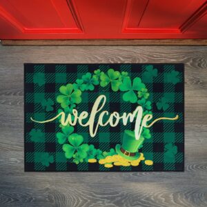 Whaline St. Patrick's Day Doormat Lucky Shamrock Welcome Floor Mat Green Black Buffalo Plaids Felt Front Door Rug for Irish Holiday Spring Indoor Outdoor Kitchen Bedroom, 23.6 x 15.7 Inch