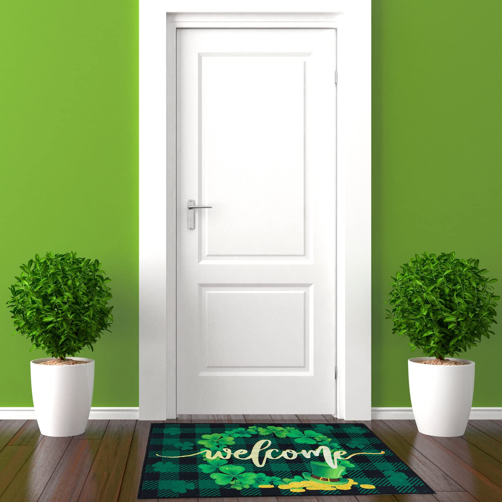 Whaline St. Patrick's Day Doormat Lucky Shamrock Welcome Floor Mat Green Black Buffalo Plaids Felt Front Door Rug for Irish Holiday Spring Indoor Outdoor Kitchen Bedroom, 23.6 x 15.7 Inch