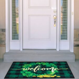 Whaline St. Patrick's Day Doormat Lucky Shamrock Welcome Floor Mat Green Black Buffalo Plaids Felt Front Door Rug for Irish Holiday Spring Indoor Outdoor Kitchen Bedroom, 23.6 x 15.7 Inch