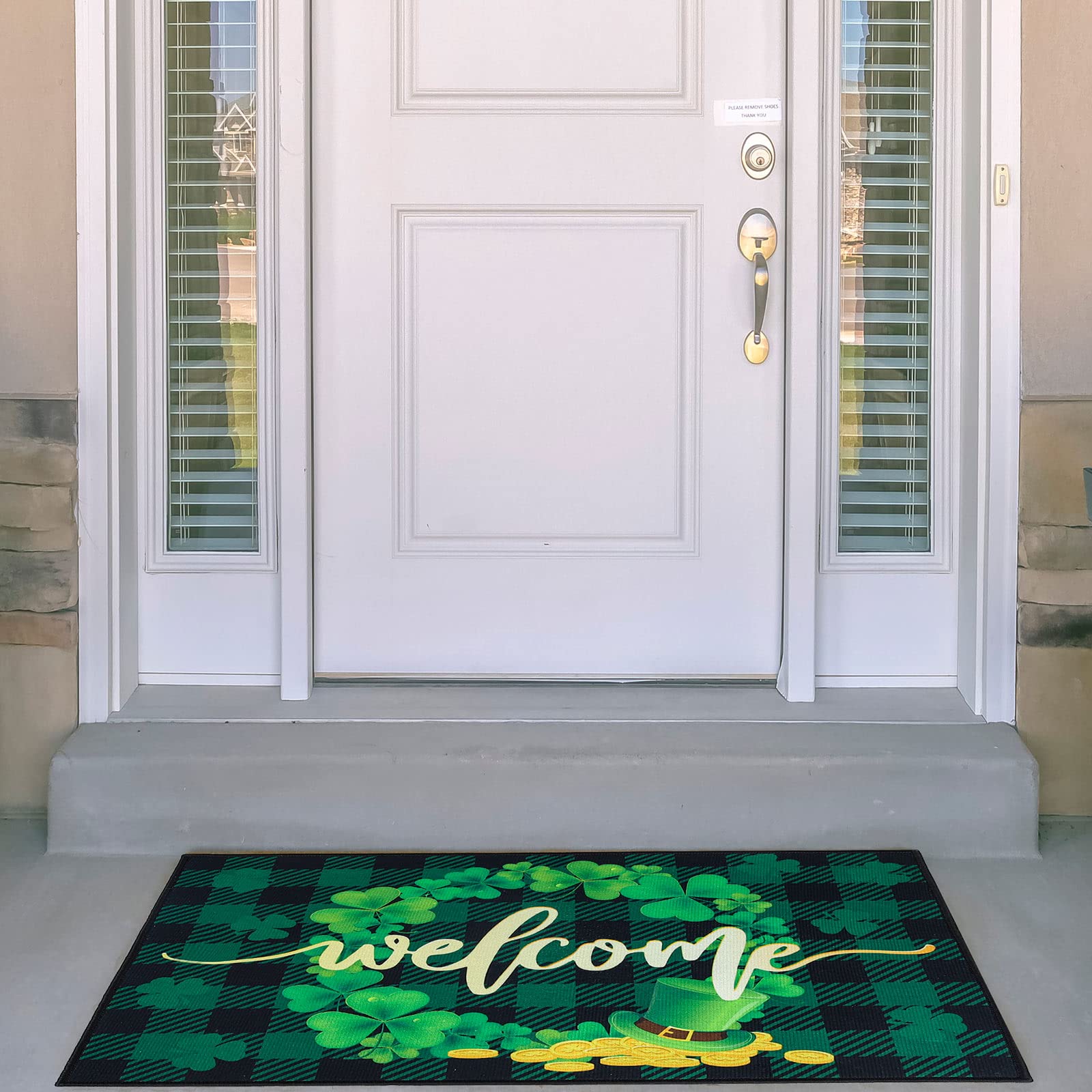 Whaline St. Patrick's Day Doormat Lucky Shamrock Welcome Floor Mat Green Black Buffalo Plaids Felt Front Door Rug for Irish Holiday Spring Indoor Outdoor Kitchen Bedroom, 23.6 x 15.7 Inch