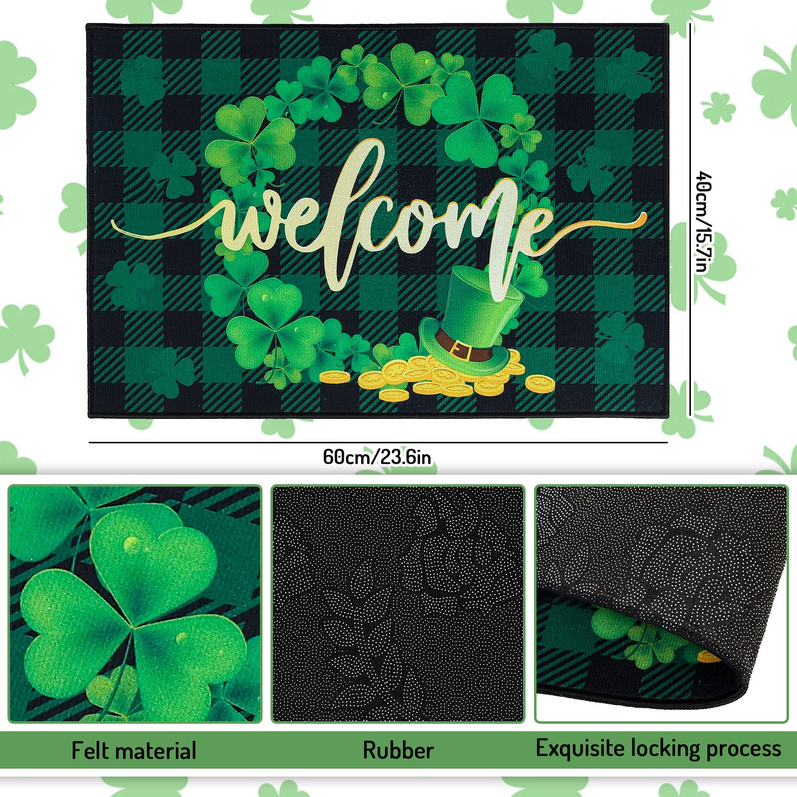 Whaline St. Patrick's Day Doormat Lucky Shamrock Welcome Floor Mat Green Black Buffalo Plaids Felt Front Door Rug for Irish Holiday Spring Indoor Outdoor Kitchen Bedroom, 23.6 x 15.7 Inch