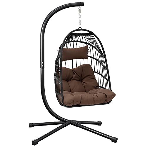 YITAHOME Hanging Egg Swing Chair Outdoor Wicker Hammock Chairs Indoor with Steel Stand UV Resistant Cushion 350lbs for Patio, Bedroom, Garden and Balcony, Brown