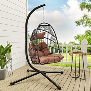 YITAHOME Hanging Egg Swing Chair Outdoor Wicker Hammock Chairs Indoor with Steel Stand UV Resistant Cushion 350lbs for Patio, Bedroom, Garden and Balcony, Brown