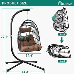 YITAHOME Hanging Egg Swing Chair Outdoor Wicker Hammock Chairs Indoor with Steel Stand UV Resistant Cushion 350lbs for Patio, Bedroom, Garden and Balcony, Brown