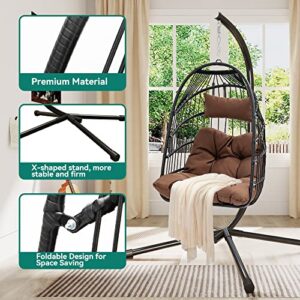 YITAHOME Hanging Egg Swing Chair Outdoor Wicker Hammock Chairs Indoor with Steel Stand UV Resistant Cushion 350lbs for Patio, Bedroom, Garden and Balcony, Brown