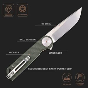 XTOUC Folding Pocket Knife, EDC Daily Work Knife, D2 Steel Blade, Micarta Handle, Flipper Open Knife, Reversible Deep Carry Pocket Clip, Outdoor Camping Hiking Knives GK22D