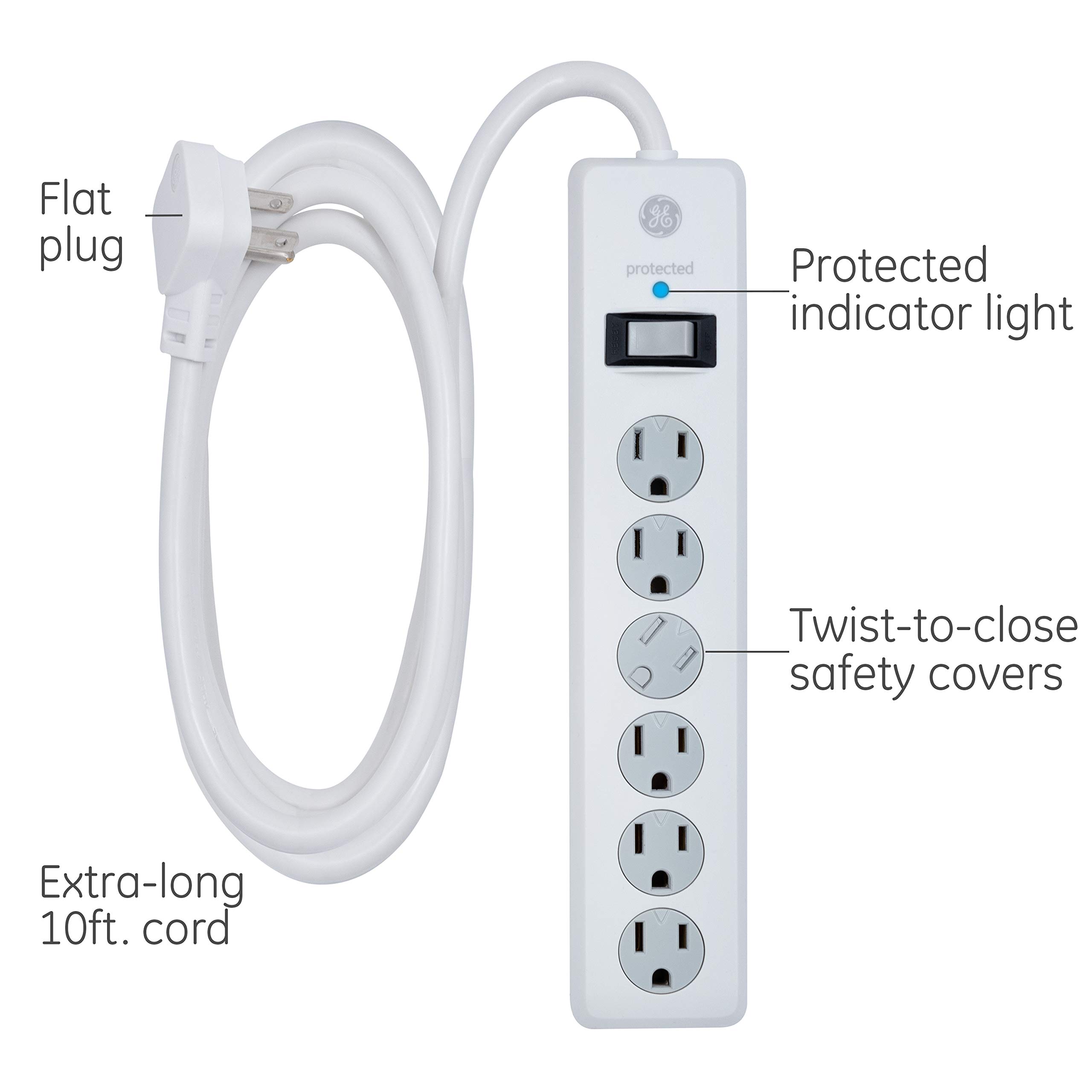 GE Power Strip Surge Protector with Flat Plug Extension Cord (15 Ft) and GE 6-Outlet Surge Protector (10 Ft) Extension Cord