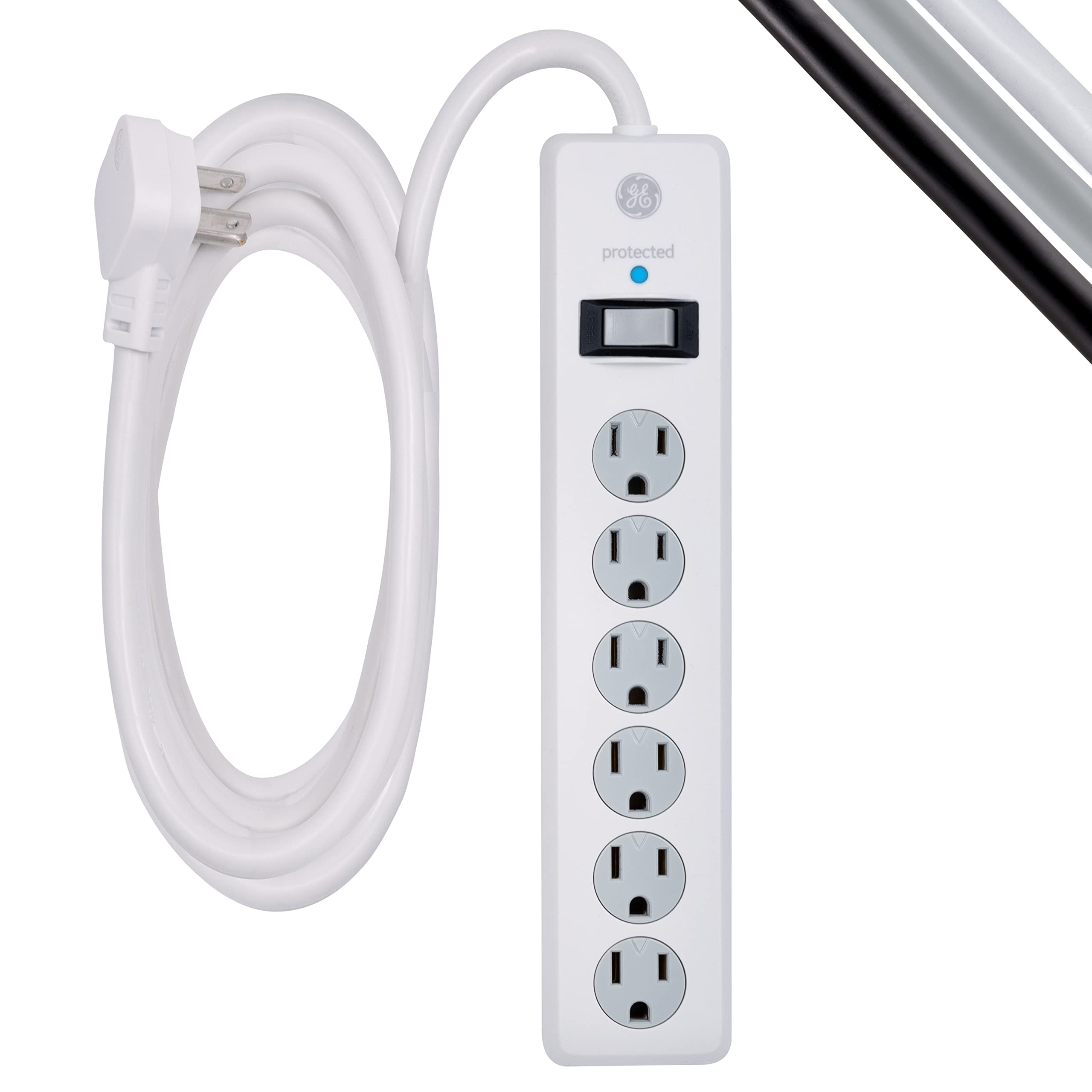 GE Power Strip Surge Protector with Flat Plug Extension Cord (15 Ft) and GE 6-Outlet Surge Protector (10 Ft) Extension Cord