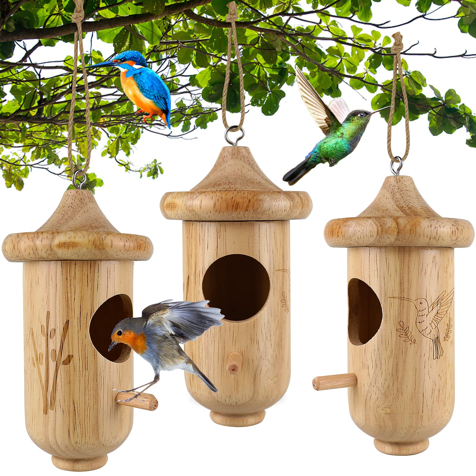 Hummingbird House for Outside Hanging, Wooden Hummingbird Gifts Nest 3 Pack with Hemp Ropes, Gardening Gifts Humming Bird Houses Home Decoration