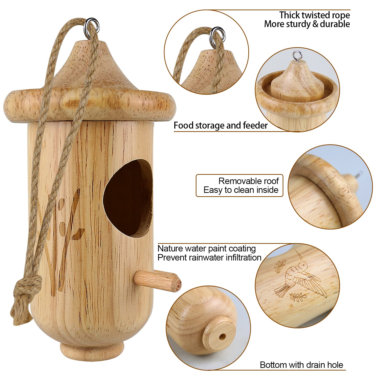 Hummingbird House for Outside Hanging, Wooden Hummingbird Gifts Nest 3 Pack with Hemp Ropes, Gardening Gifts Humming Bird Houses Home Decoration