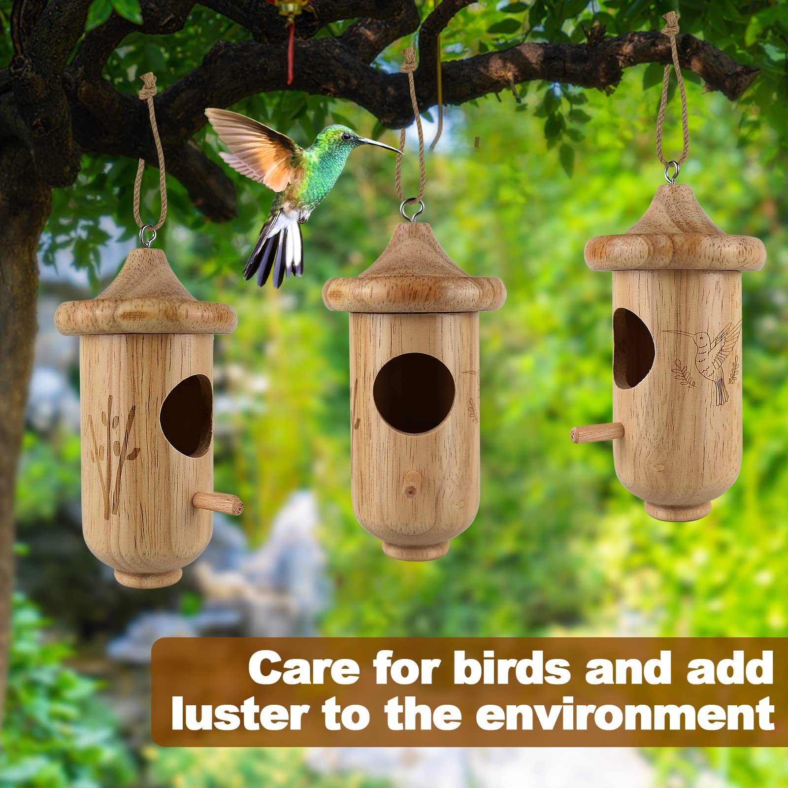 Hummingbird House for Outside Hanging, Wooden Hummingbird Gifts Nest 3 Pack with Hemp Ropes, Gardening Gifts Humming Bird Houses Home Decoration