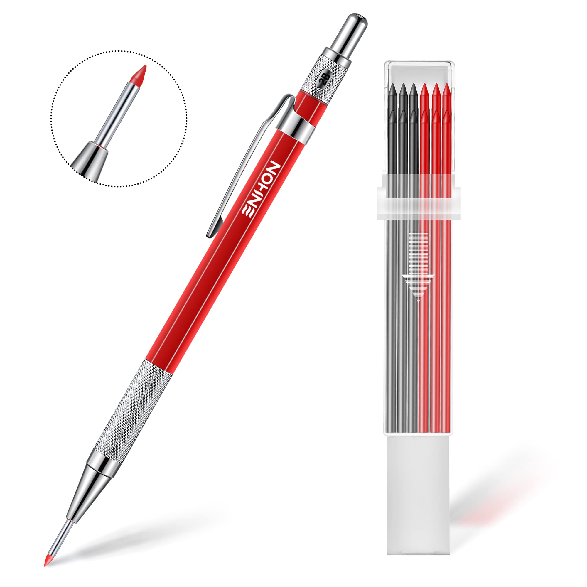 Enhon 2mm Mechanical Carpenter Pencil Set with 12 Marker Refills and Sharpener, Woodworking Marking Tool Solid Deep Hole Construction Pencil, Extended Needle-Nose Tip for Use in Jobs (Black, Red)