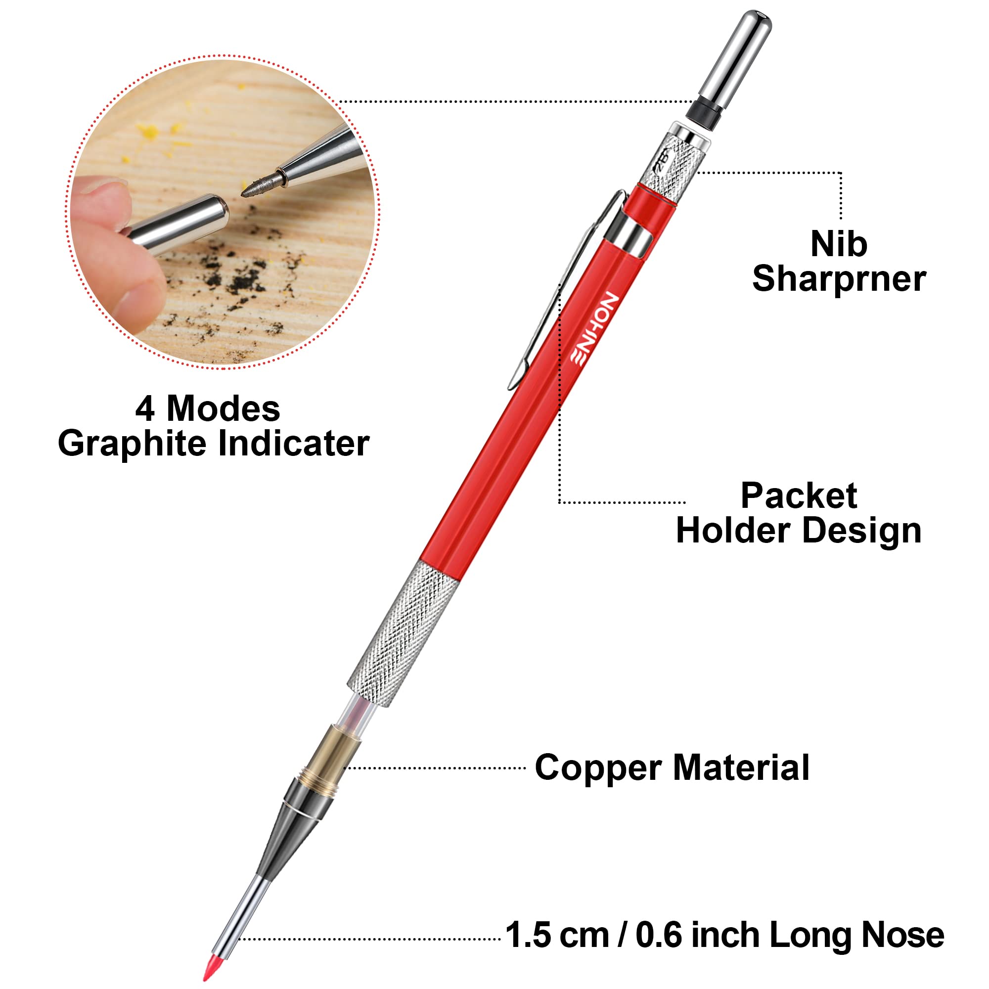 Enhon 2mm Mechanical Carpenter Pencil Set with 12 Marker Refills and Sharpener, Woodworking Marking Tool Solid Deep Hole Construction Pencil, Extended Needle-Nose Tip for Use in Jobs (Black, Red)