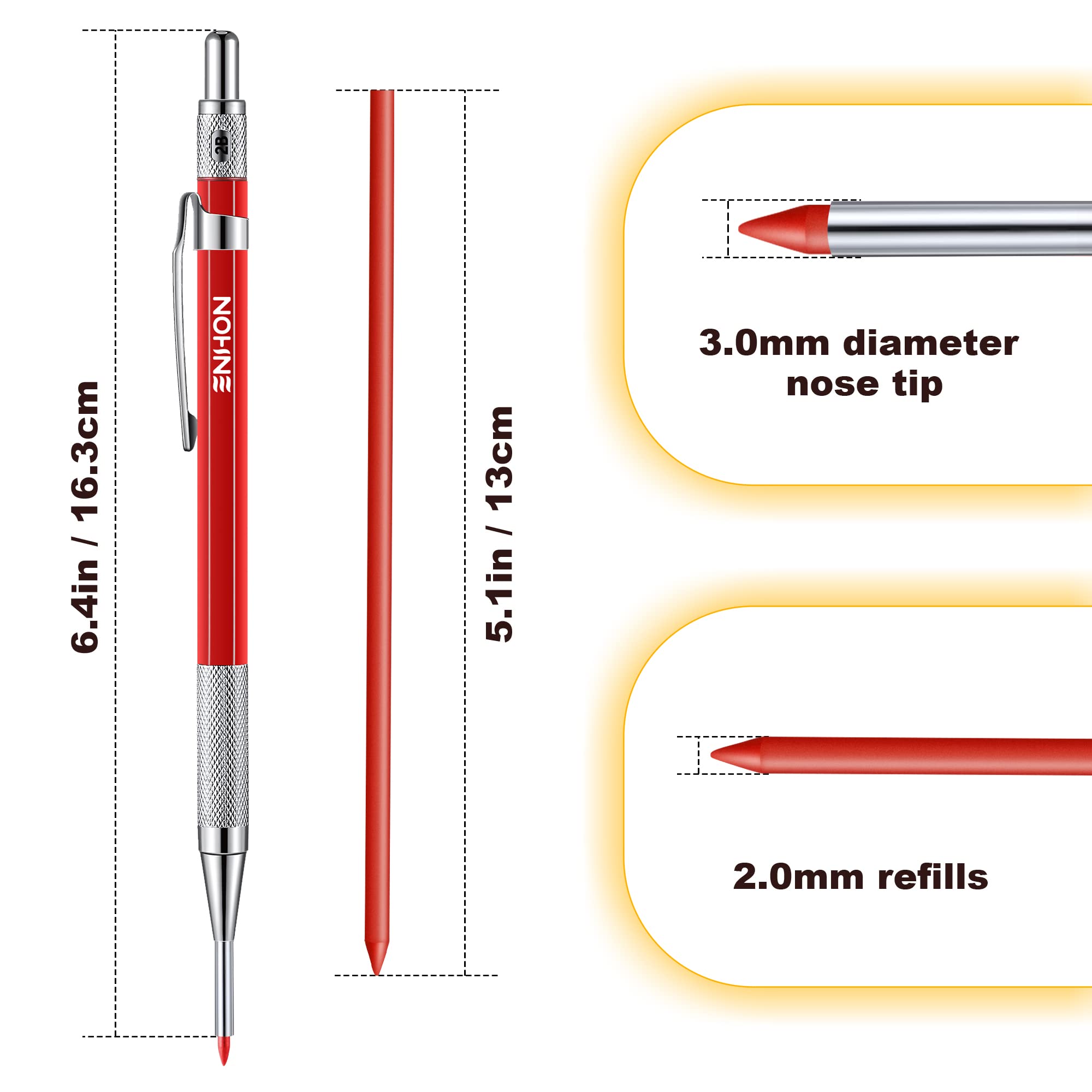 Enhon 2mm Mechanical Carpenter Pencil Set with 12 Marker Refills and Sharpener, Woodworking Marking Tool Solid Deep Hole Construction Pencil, Extended Needle-Nose Tip for Use in Jobs (Black, Red)