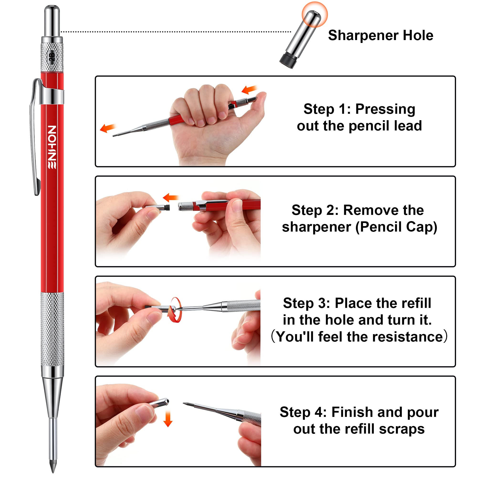 Enhon 2mm Mechanical Carpenter Pencil Set with 12 Marker Refills and Sharpener, Woodworking Marking Tool Solid Deep Hole Construction Pencil, Extended Needle-Nose Tip for Use in Jobs (Black, Red)