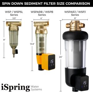 iSpring WSP500ARJ Spin-Down Sediment Water Filter, Upgraded Jumbo Size, Large Capacity, Reusable with Touch-Screen Auto Flushing Module, Brass Top Clear Housing, 500 Microns