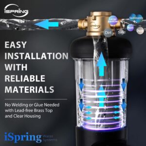 iSpring WSP500ARJ Spin-Down Sediment Water Filter, Upgraded Jumbo Size, Large Capacity, Reusable with Touch-Screen Auto Flushing Module, Brass Top Clear Housing, 500 Microns