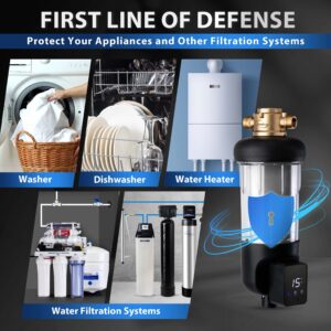 iSpring WSP500ARJ Spin-Down Sediment Water Filter, Upgraded Jumbo Size, Large Capacity, Reusable with Touch-Screen Auto Flushing Module, Brass Top Clear Housing, 500 Microns