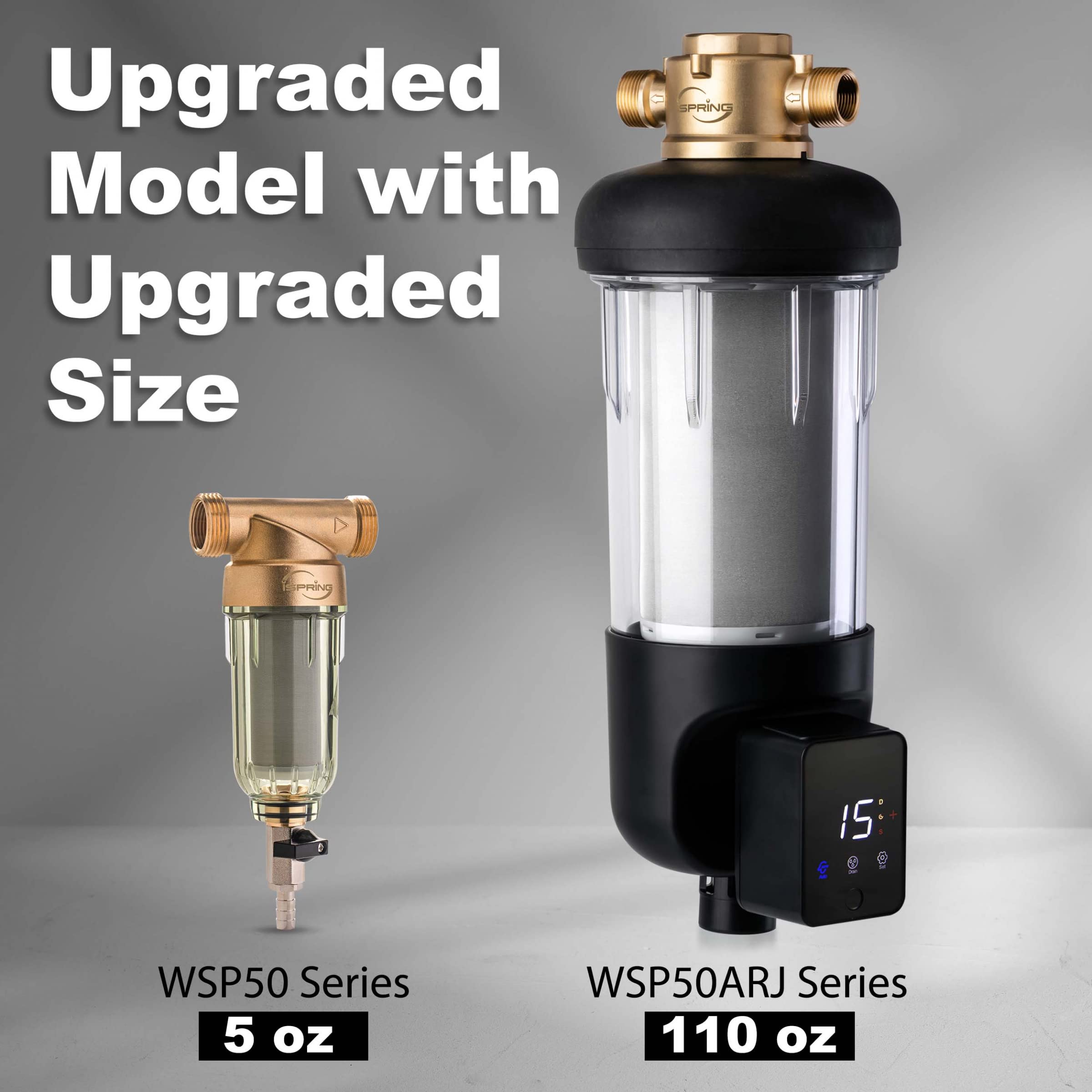 iSpring WSP500ARJ Spin-Down Sediment Water Filter, Upgraded Jumbo Size, Large Capacity, Reusable with Touch-Screen Auto Flushing Module, Brass Top Clear Housing, 500 Microns