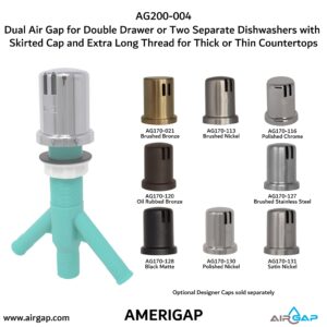 Dual Air Gap for Double Drawer or Two Separate Dishwashers with Skirted Cap and Extra Long Thread for Thick or Thin Countertops (AG200-004, AG200-001, T52, AMERIGAP)