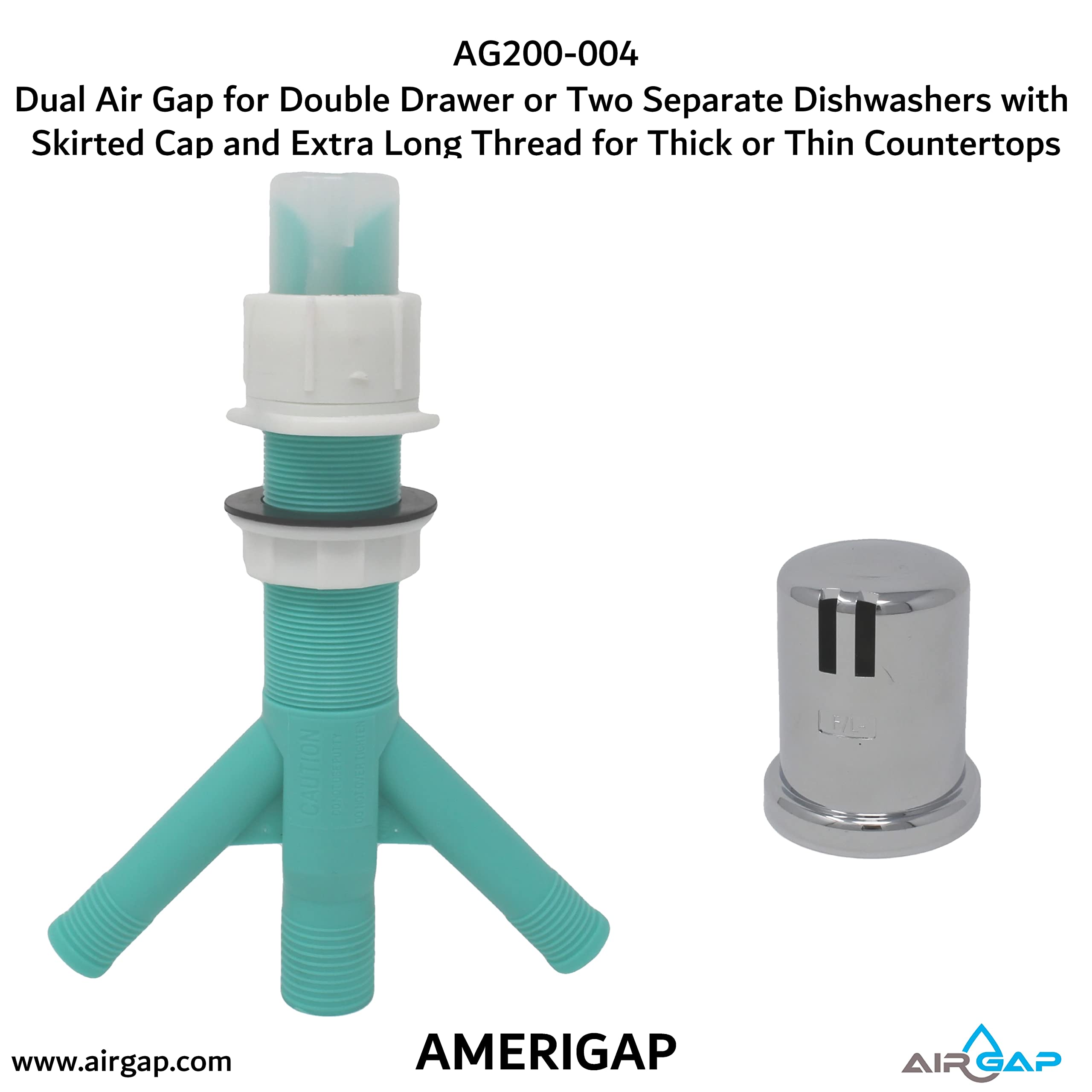 Dual Air Gap for Double Drawer or Two Separate Dishwashers with Skirted Cap and Extra Long Thread for Thick or Thin Countertops (AG200-004, AG200-001, T52, AMERIGAP)