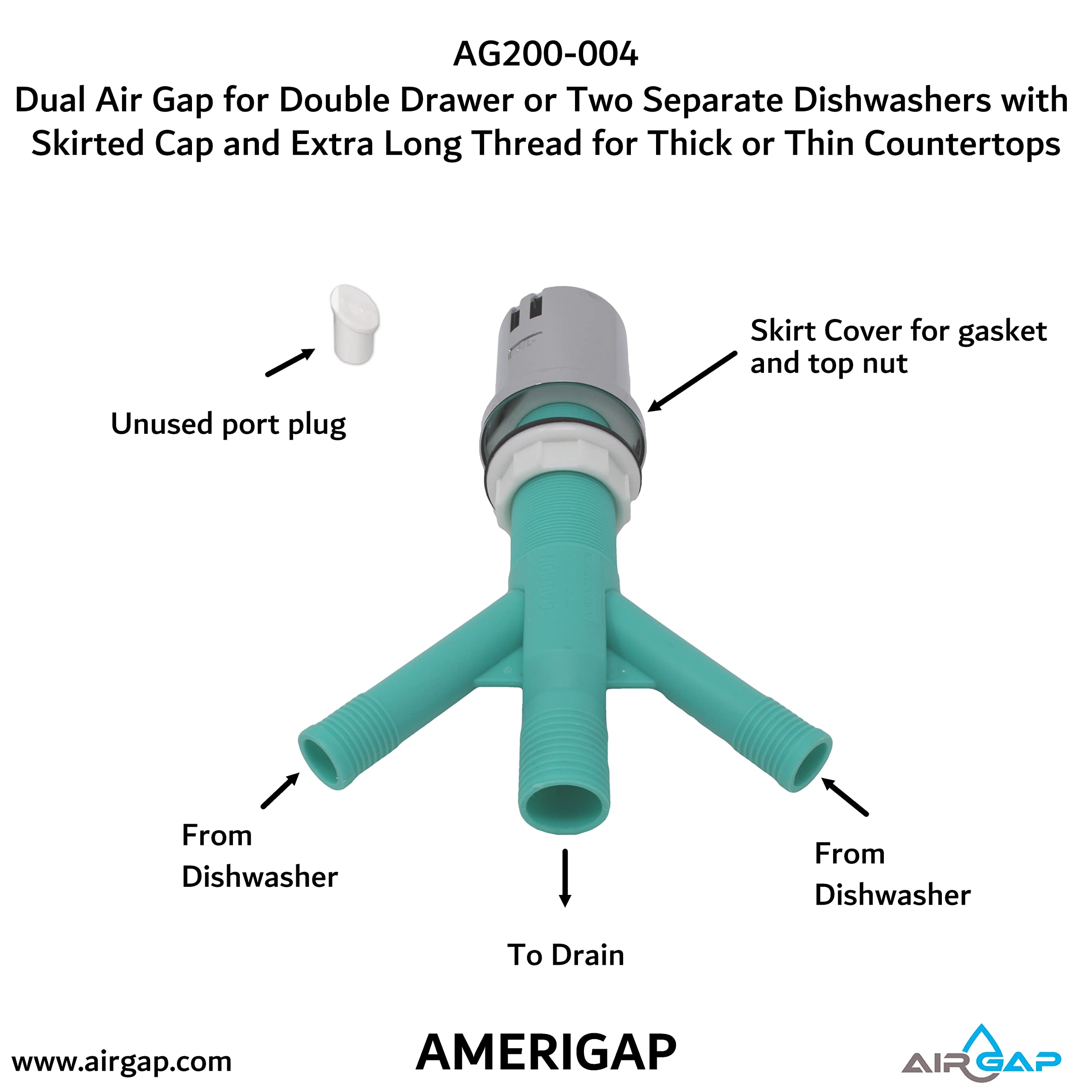 Dual Air Gap for Double Drawer or Two Separate Dishwashers with Skirted Cap and Extra Long Thread for Thick or Thin Countertops (AG200-004, AG200-001, T52, AMERIGAP)