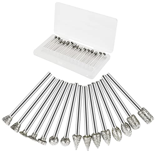 15pcs Diamond Burr Bits,HARDELL Rotary Engraving Bits Set with 1/8-inch Shank, Diamond-Coated Stone Carving Accessories Bit for Rotary Tools