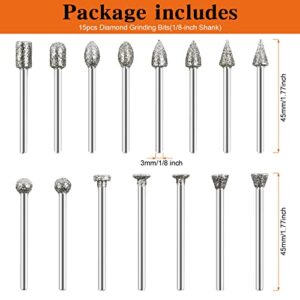 15pcs Diamond Burr Bits,HARDELL Rotary Engraving Bits Set with 1/8-inch Shank, Diamond-Coated Stone Carving Accessories Bit for Rotary Tools