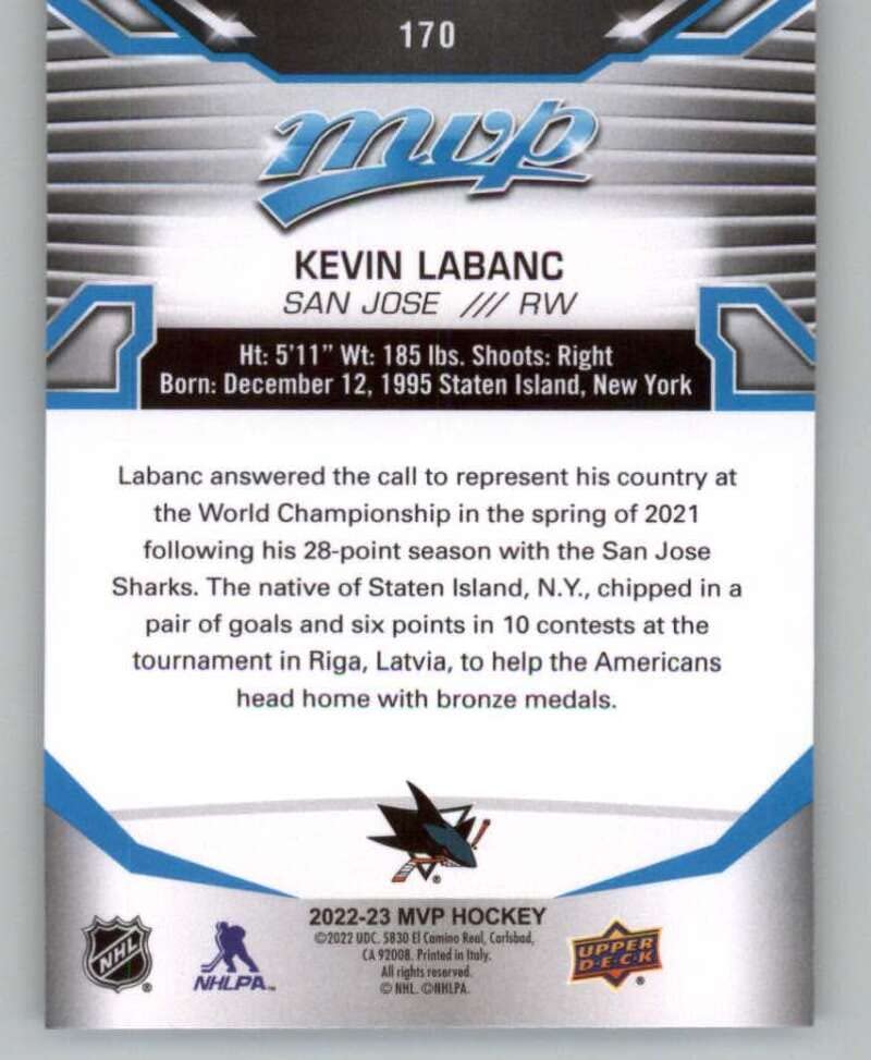 2022-23 Upper Deck MVP #170 Kevin Labanc San Jose Sharks NHL Hockey Trading Card