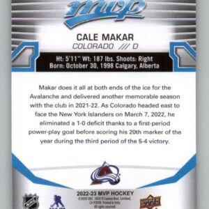 2022-23 Upper Deck MVP #8 Cale Makar Colorado Avalanche NHL Hockey Trading Card