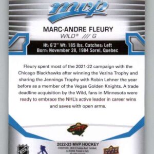 2022-23 Upper Deck MVP #79 Marc-Andre Fleury Minnesota Wild NHL Hockey Trading Card