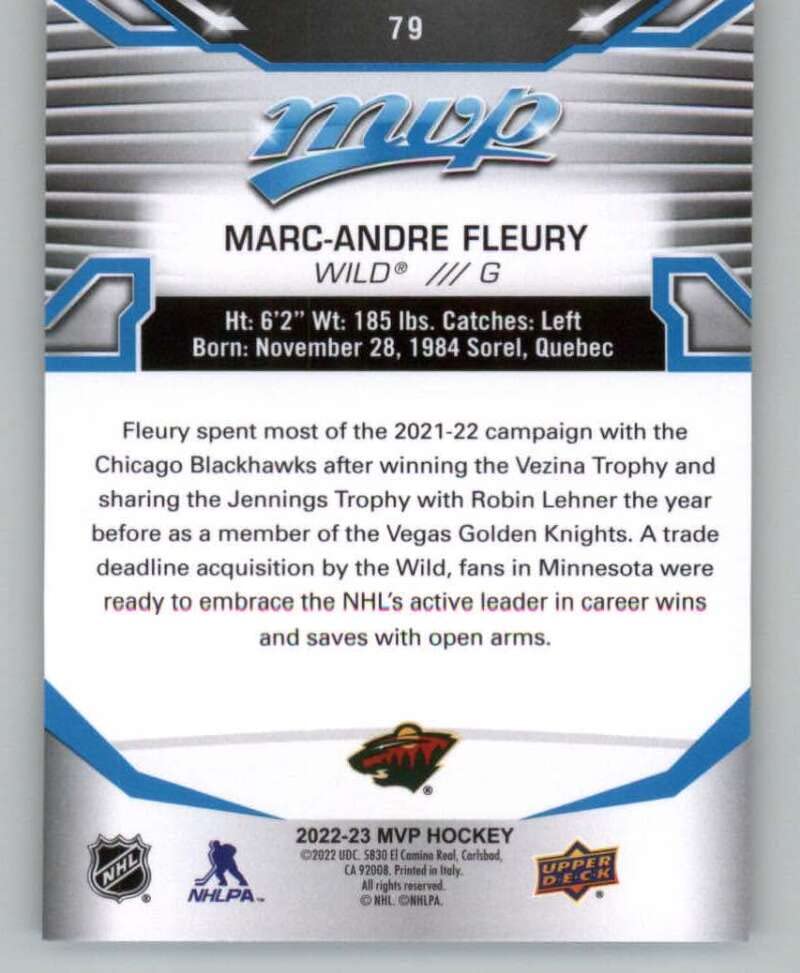 2022-23 Upper Deck MVP #79 Marc-Andre Fleury Minnesota Wild NHL Hockey Trading Card