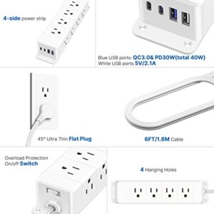 30W USB C Power Strip Surge Protector,Ultra Thin Flat Plug Power Strip 4 Side 12 Outlets,PD Fast Charing,2 USB-C, 2 USB-A(4 USB Total 40W),6ft Slim Extension Cord,16 in 1 Desk Power Bar,1200J White