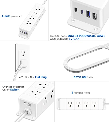 30W USB C Power Strip Surge Protector,Ultra Thin Flat Plug Power Strip 4 Side 12 Outlets,PD Fast Charing,2 USB-C, 2 USB-A(4 USB Total 40W),6ft Slim Extension Cord,16 in 1 Desk Power Bar,1200J White