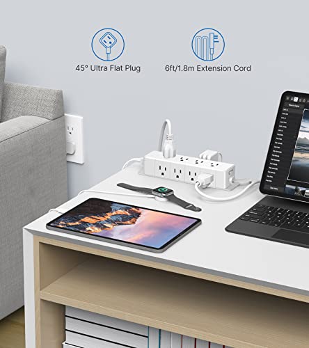 30W USB C Power Strip Surge Protector,Ultra Thin Flat Plug Power Strip 4 Side 12 Outlets,PD Fast Charing,2 USB-C, 2 USB-A(4 USB Total 40W),6ft Slim Extension Cord,16 in 1 Desk Power Bar,1200J White