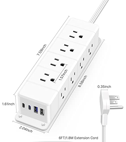 30W USB C Power Strip Surge Protector,Ultra Thin Flat Plug Power Strip 4 Side 12 Outlets,PD Fast Charing,2 USB-C, 2 USB-A(4 USB Total 40W),6ft Slim Extension Cord,16 in 1 Desk Power Bar,1200J White