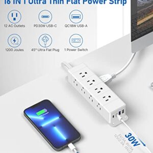 30W USB C Power Strip Surge Protector,Ultra Thin Flat Plug Power Strip 4 Side 12 Outlets,PD Fast Charing,2 USB-C, 2 USB-A(4 USB Total 40W),6ft Slim Extension Cord,16 in 1 Desk Power Bar,1200J White