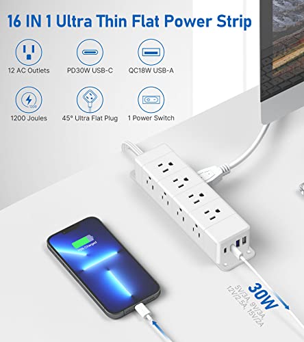 30W USB C Power Strip Surge Protector,Ultra Thin Flat Plug Power Strip 4 Side 12 Outlets,PD Fast Charing,2 USB-C, 2 USB-A(4 USB Total 40W),6ft Slim Extension Cord,16 in 1 Desk Power Bar,1200J White